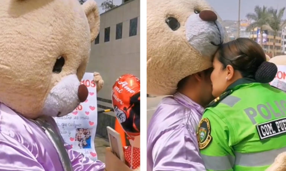 Hombre disfrazado de oso sorprende a su novia policía en el trabajo